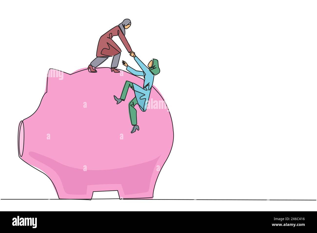 Single continuous line drawing Arab businesswoman helps colleague climb ...