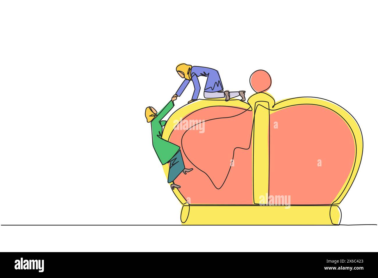 Continuous one line drawing Arab businesswoman helps partner climbs ...