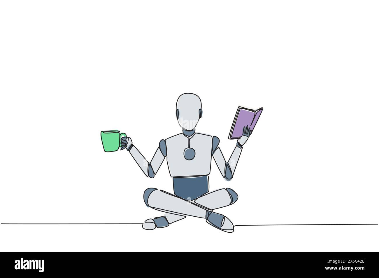 Single one line drawing smart robot sitting cross-legged reading book ...