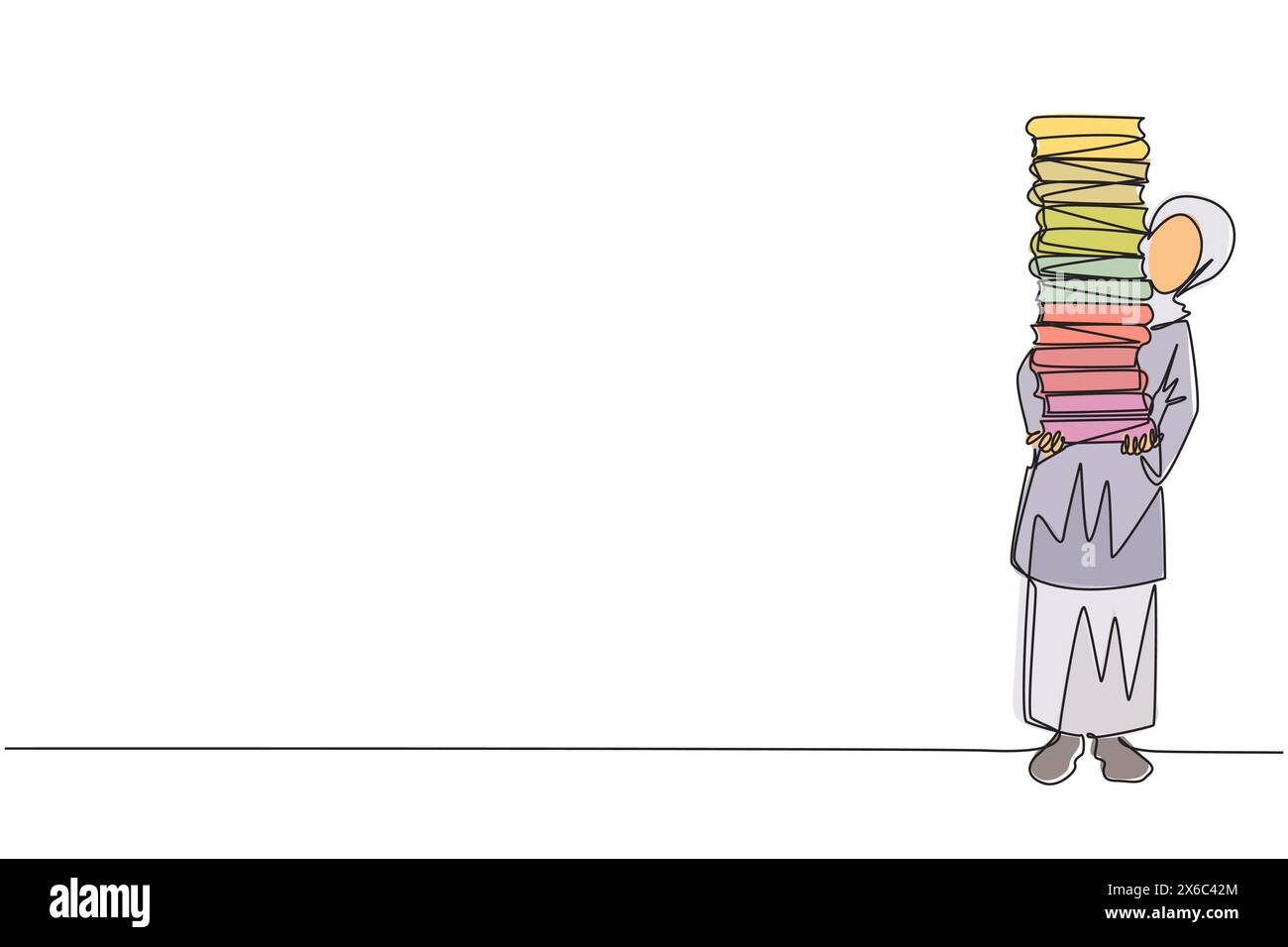 Single continuous line drawing Arab woman carrying tall stack of books ...