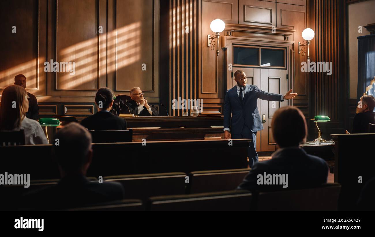 Court of Justice and Law Trial: Male Public Defender Presenting Case ...