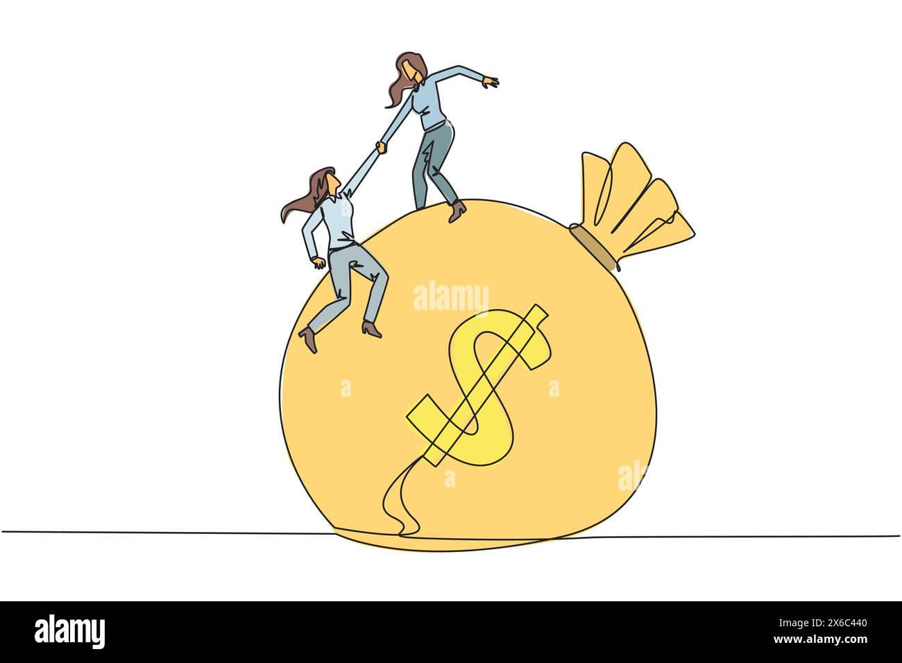 Single one line drawing businesswoman helps colleague to climb money ...