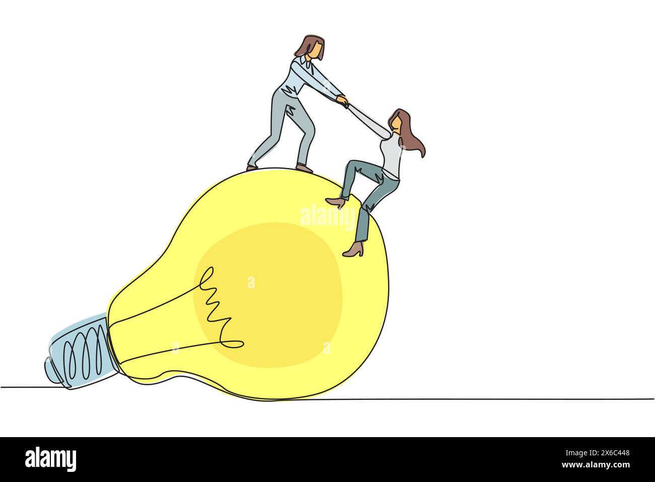 Single continuous line drawing businesswoman helps colleague climb the ...