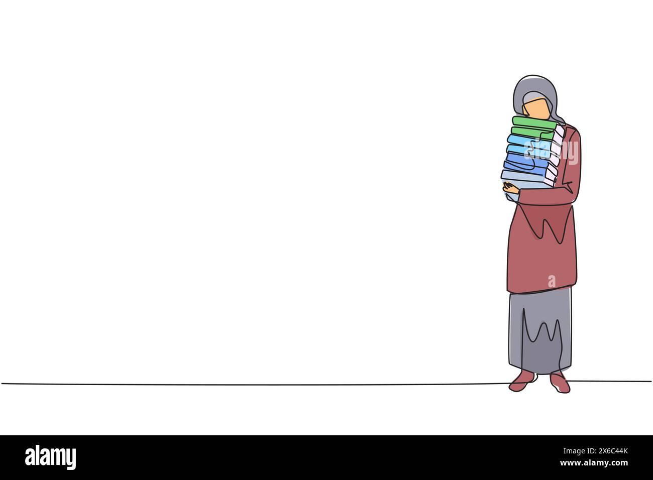 Single continuous line drawing Arabian woman standing hugging some ...