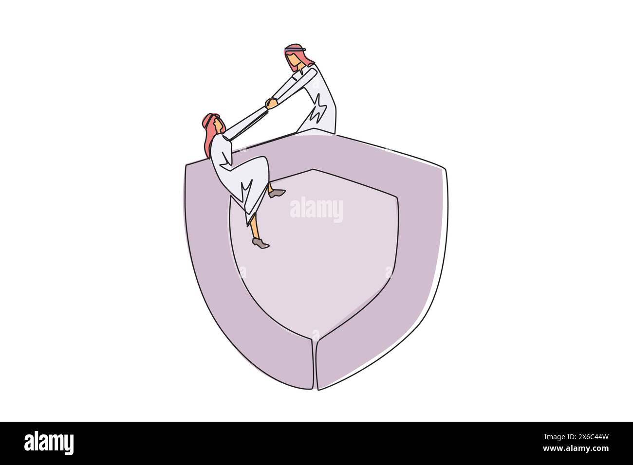 Single one line drawing Arabian businessman helps colleague climb the ...