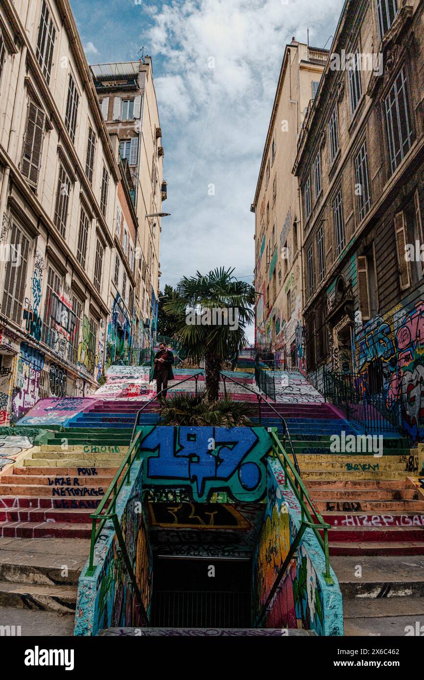 Colorful graffiti-covered stairway in Marseilles, urban scenery Stock ...