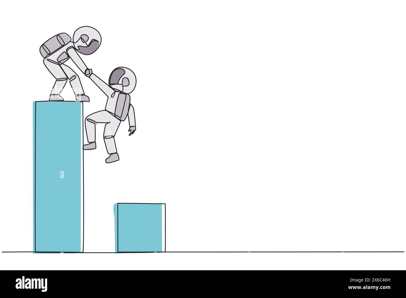 Single continuous line drawing young astronaut helps colleague climb ...