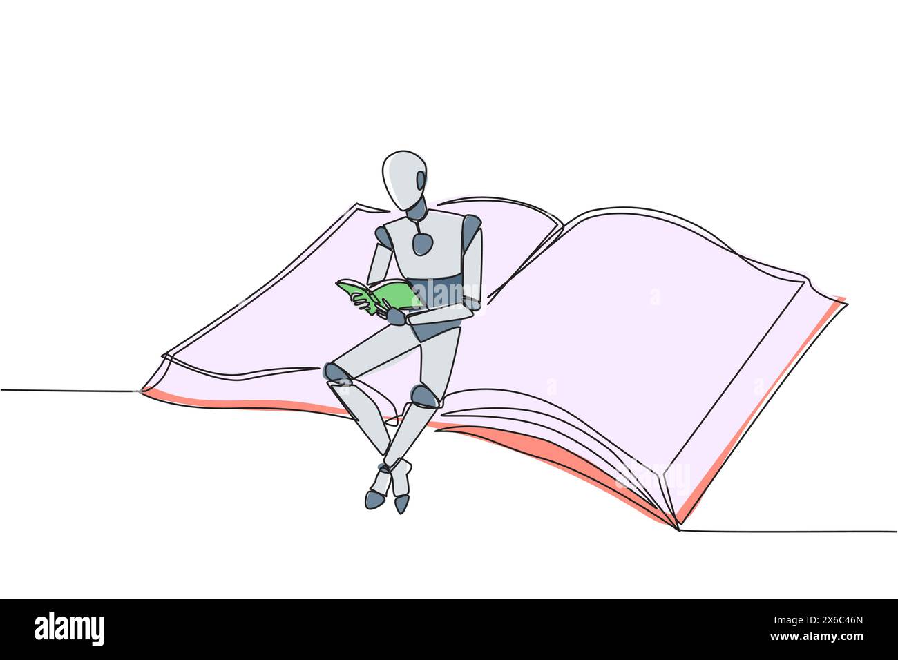 Single continuous line drawing smart robot sitting reading on large ...