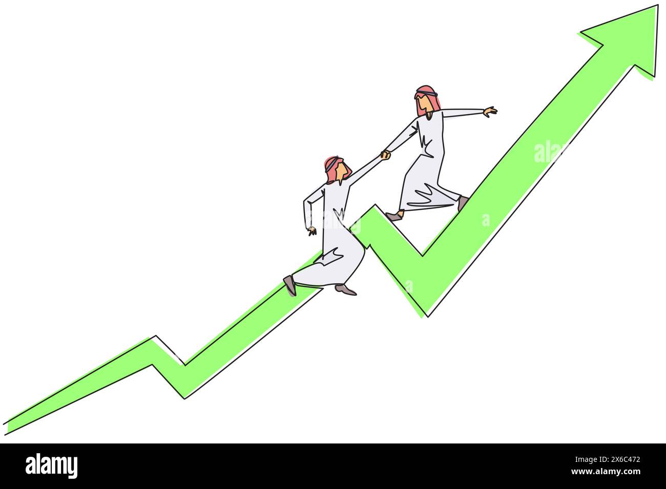 Single continuous line drawing Arabian businessman helps colleague to ...