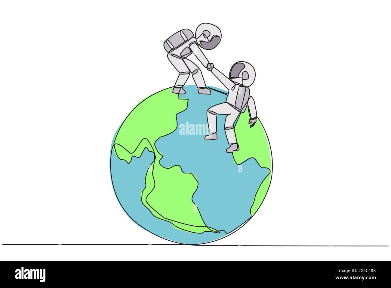 Continuous one line drawing young astronaut helps colleague climb big ...