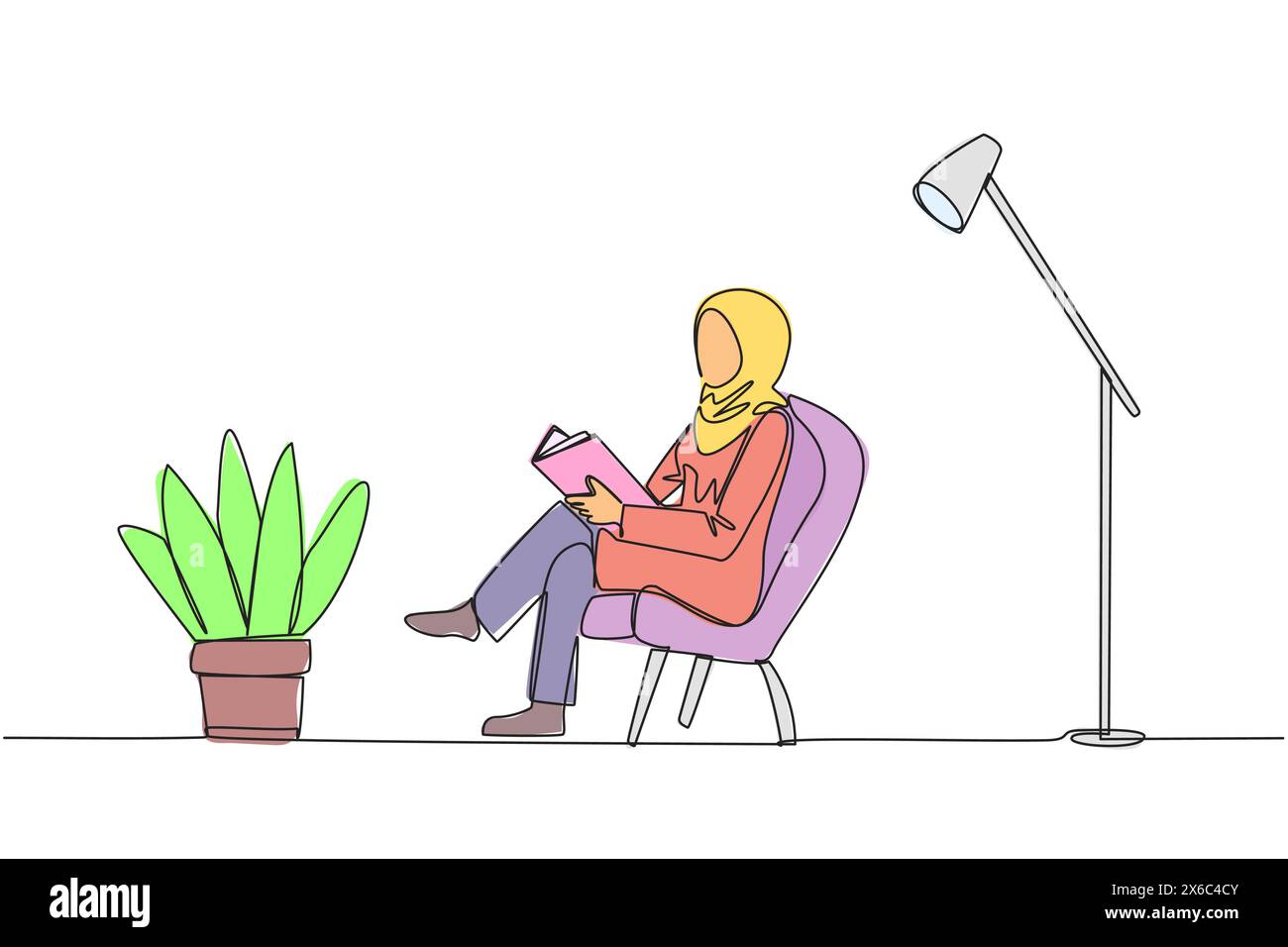 Single one line drawing Arabian woman sitting reading in room with the ...