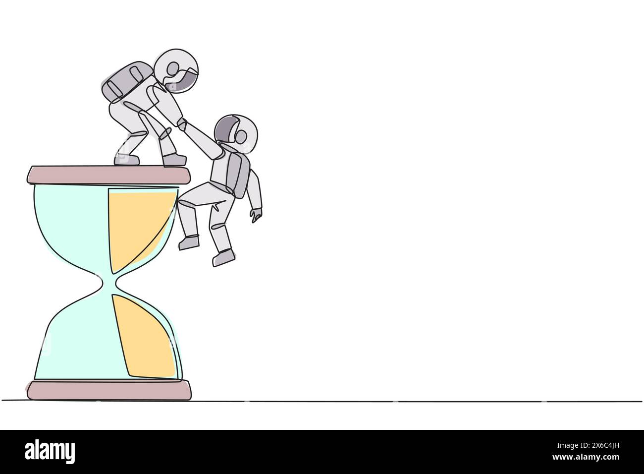 Continuous one line drawing young astronaut helps colleague climb big ...