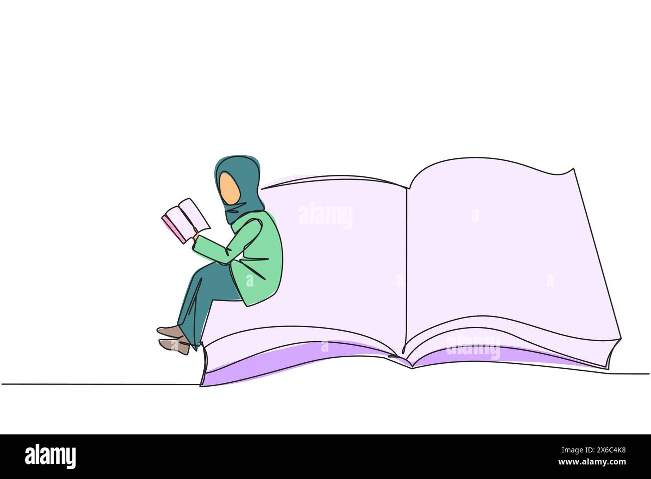 Single one line drawing Arabian woman sitting on the edge of a large ...