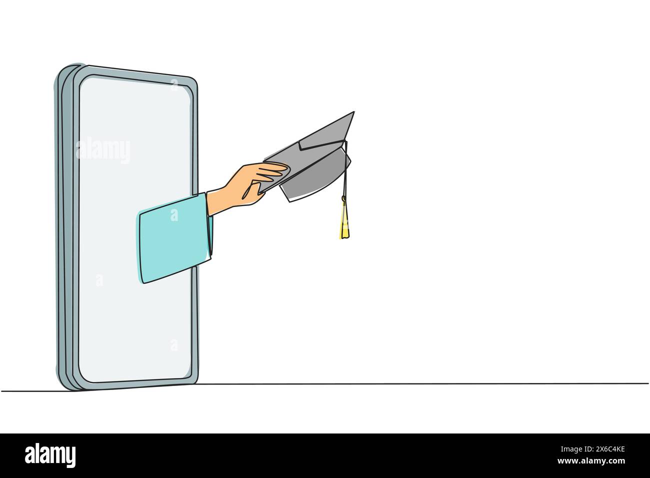 Single continuous line drawing hand comes out from the smartphone ...