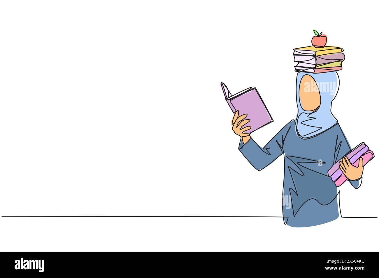 Single one line drawing Arab woman reading book practicing balance ...