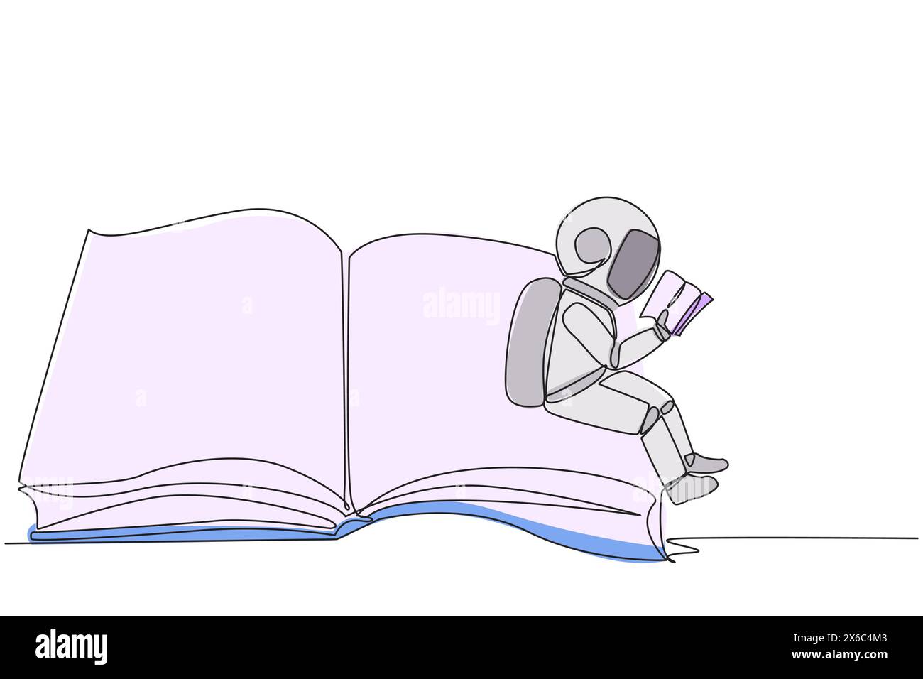 Single continuous line drawing young astronaut sitting on the edge of a ...