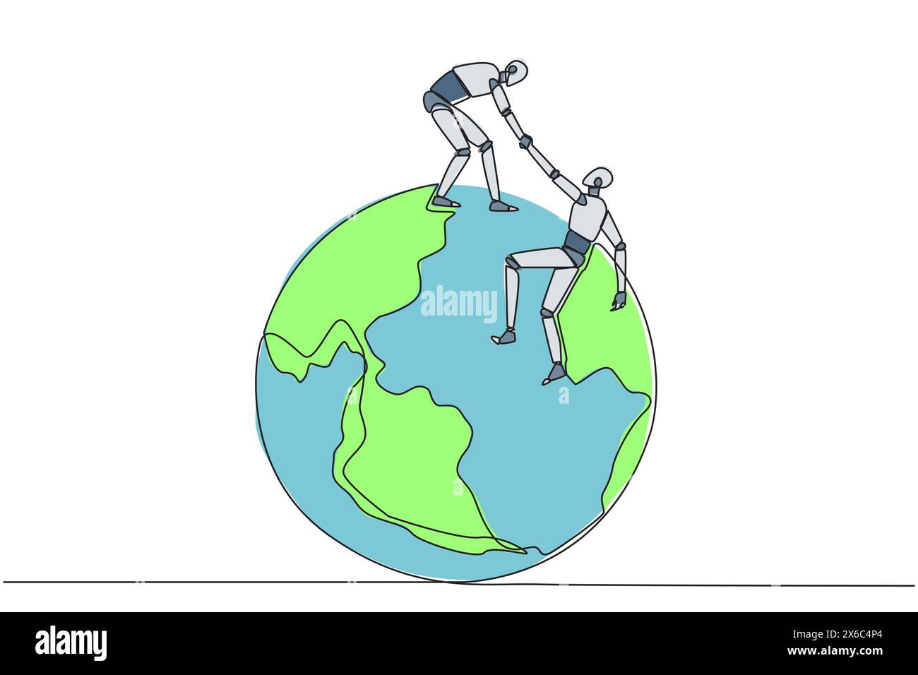 Single continuous line drawing smart robotic helps colleague climb the ...