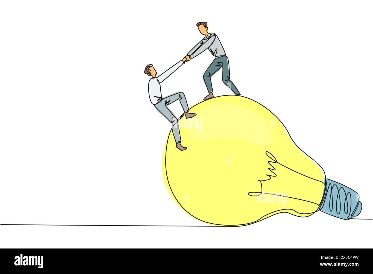 Continuous one line drawing businessman helps colleague climb the big ...