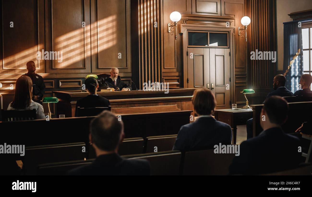 Court of Justice Trial: Impartial Judge is Sitting, Public Stands. Supreme Federal Court Judge ...