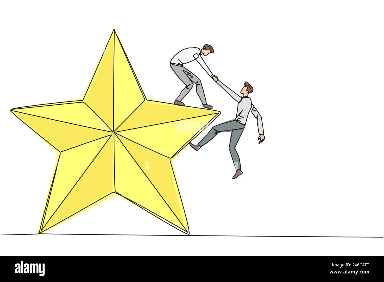 Single one line drawing businessman helps colleague climb big star ...
