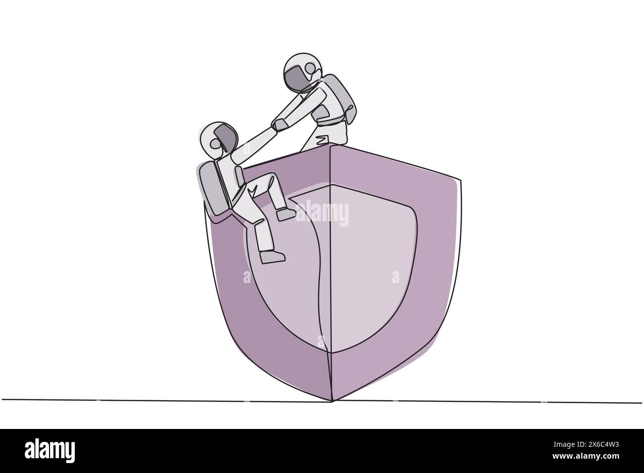 Continuous one line drawing young astronaut helps colleague climbs big ...