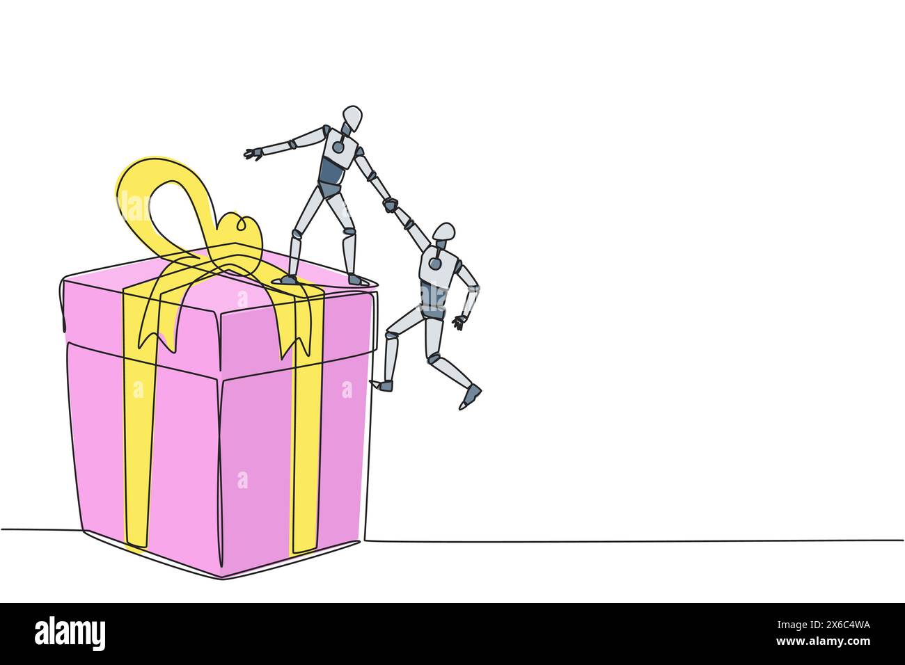 Single continuous line drawing smart robotic helps colleague climb the ...