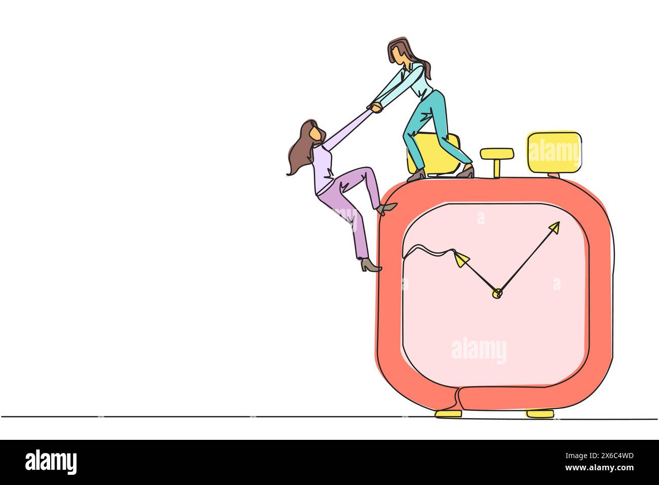 Single continuous line drawing businesswoman helps colleague climb the ...