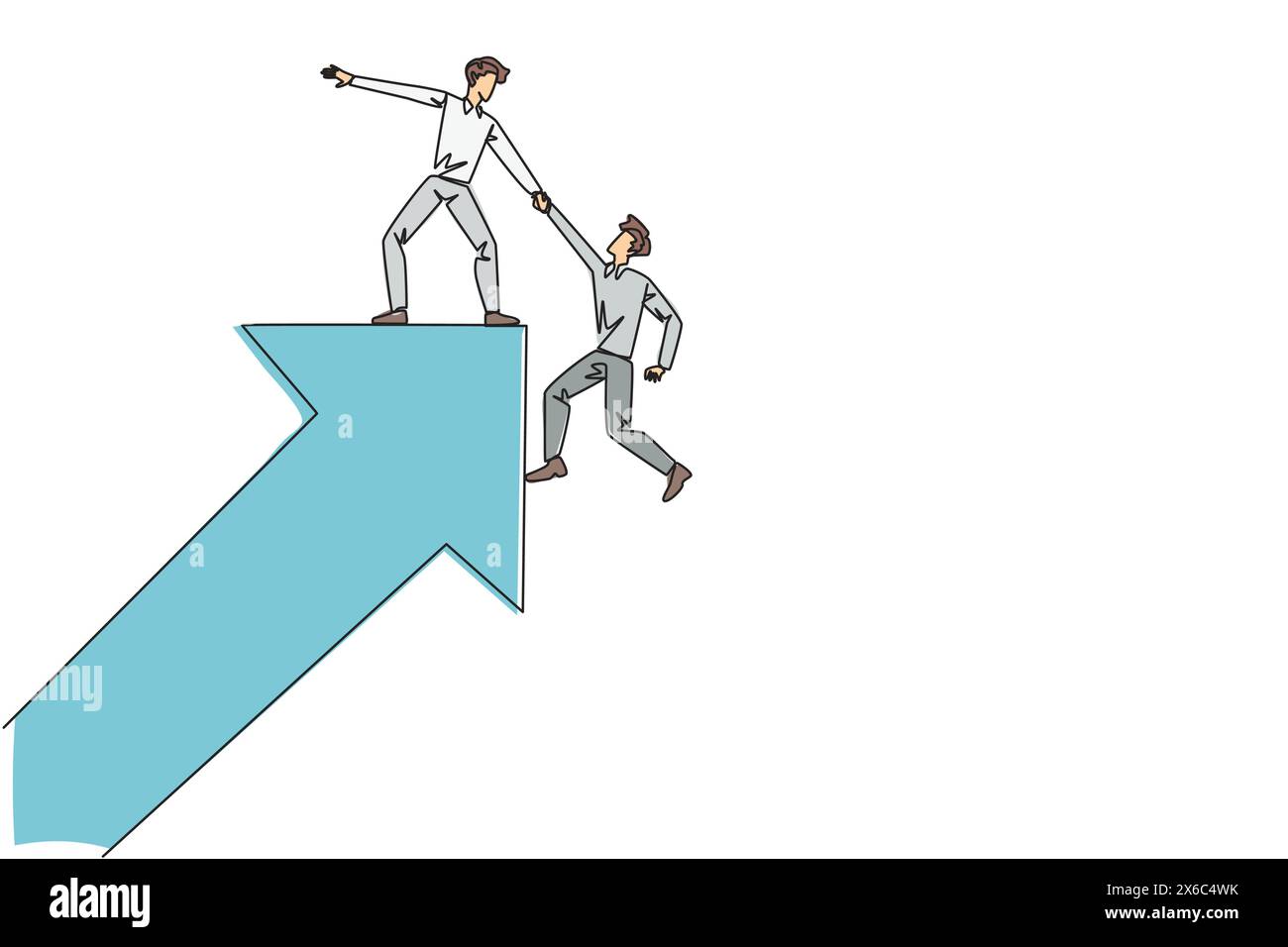Single continuous line drawing businessman helps colleague climb rising ...