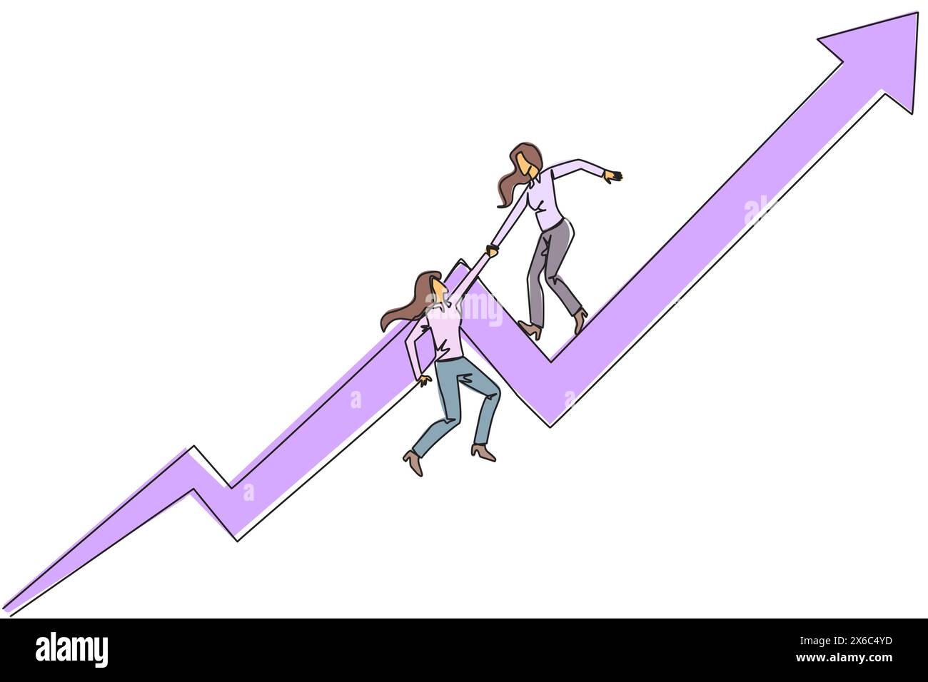 Single continuous line drawing businesswoman helps colleague to climb ...