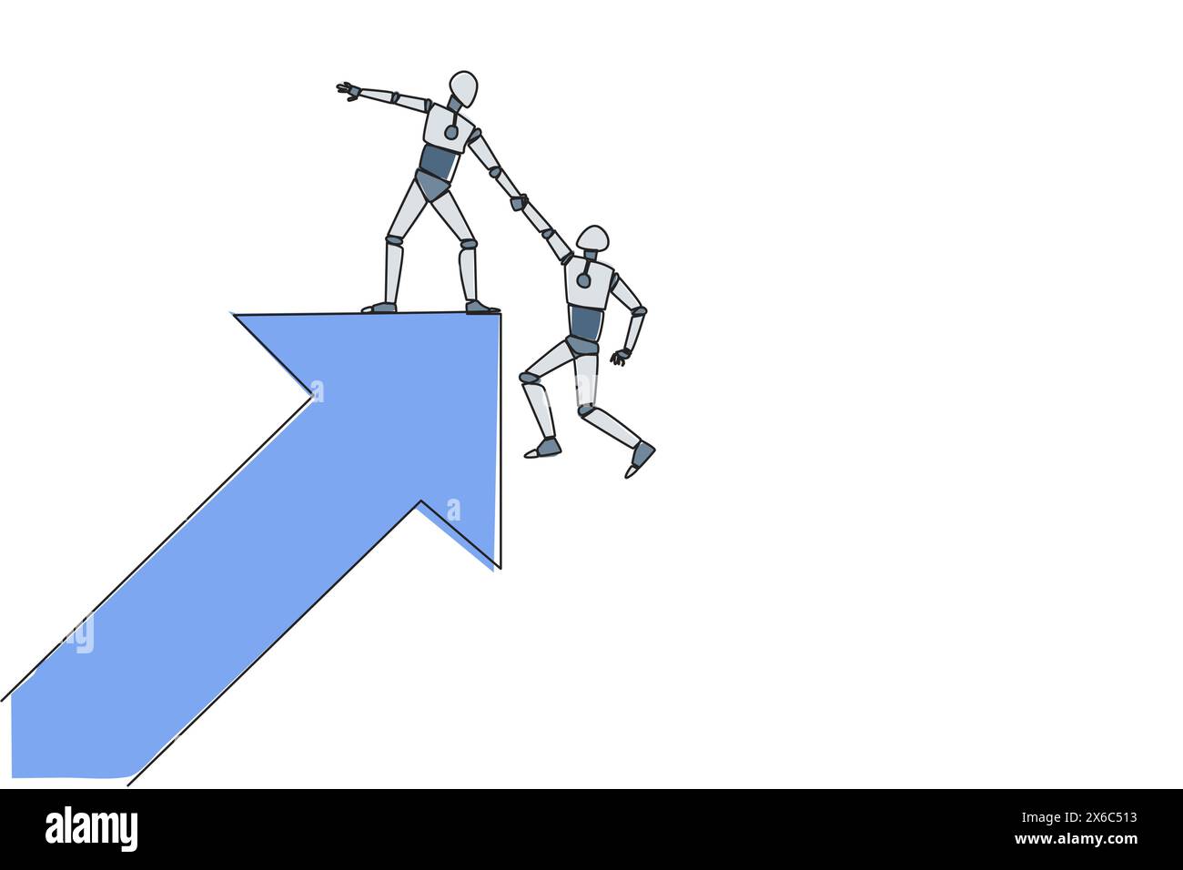 Single one line drawing robot helps colleague climb the big rising ...