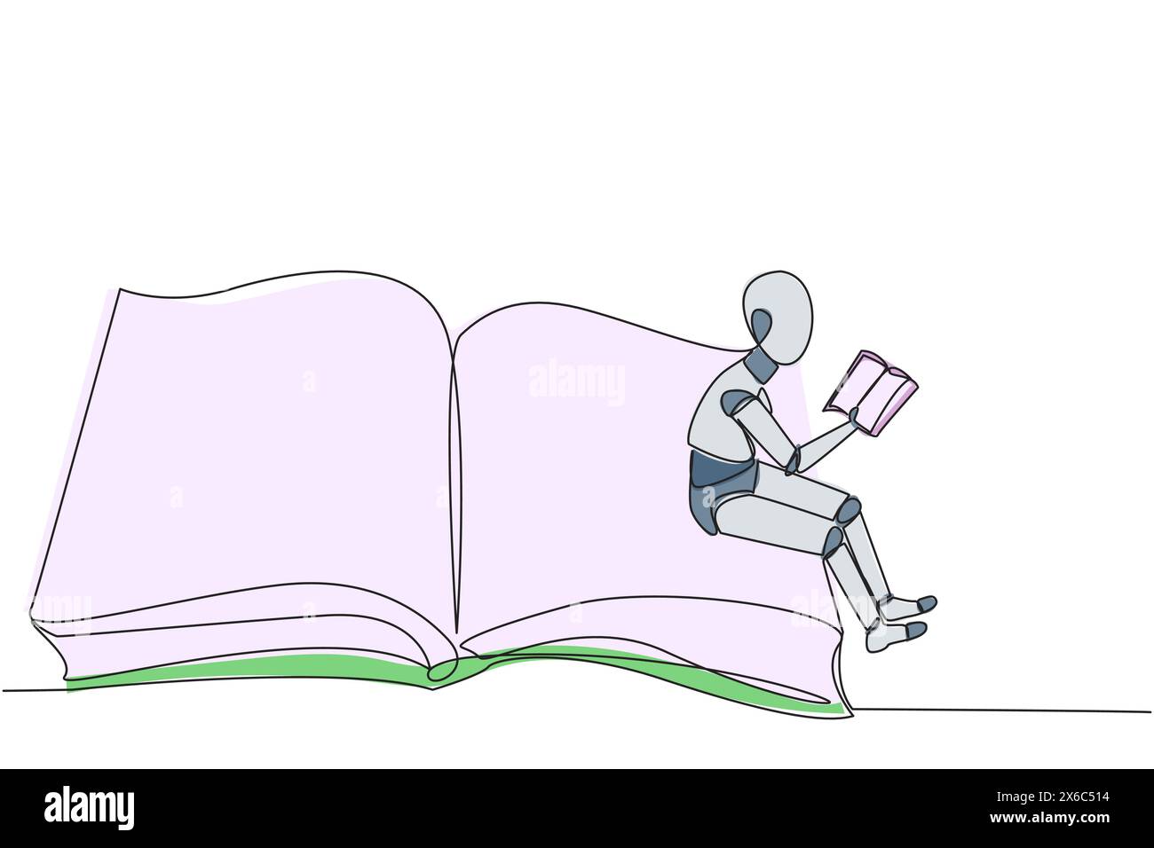 Single one line drawing smart robot sitting on the edge of a large open ...