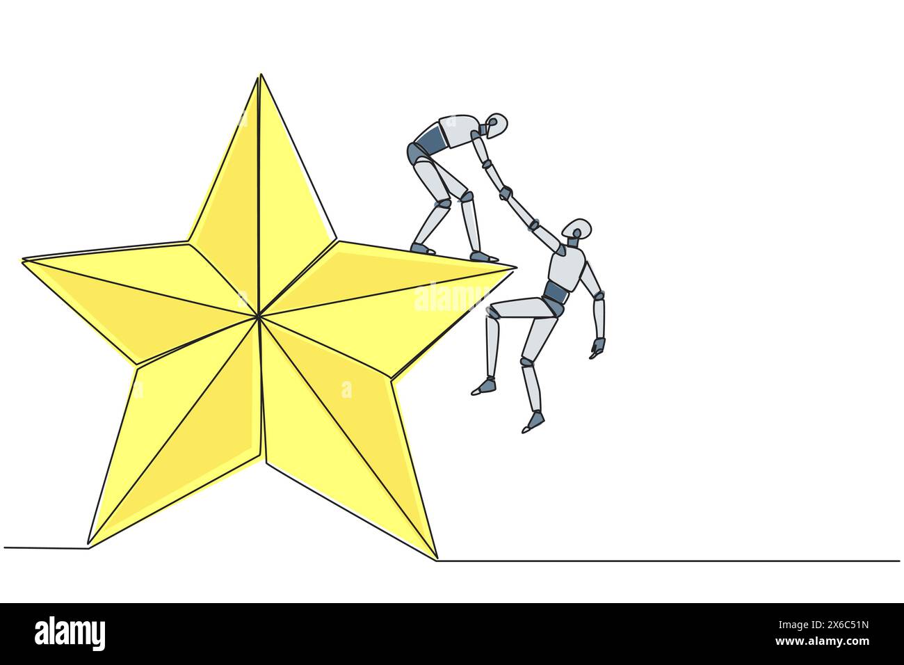 Continuous one line drawing smart robot helps colleague climb big star ...