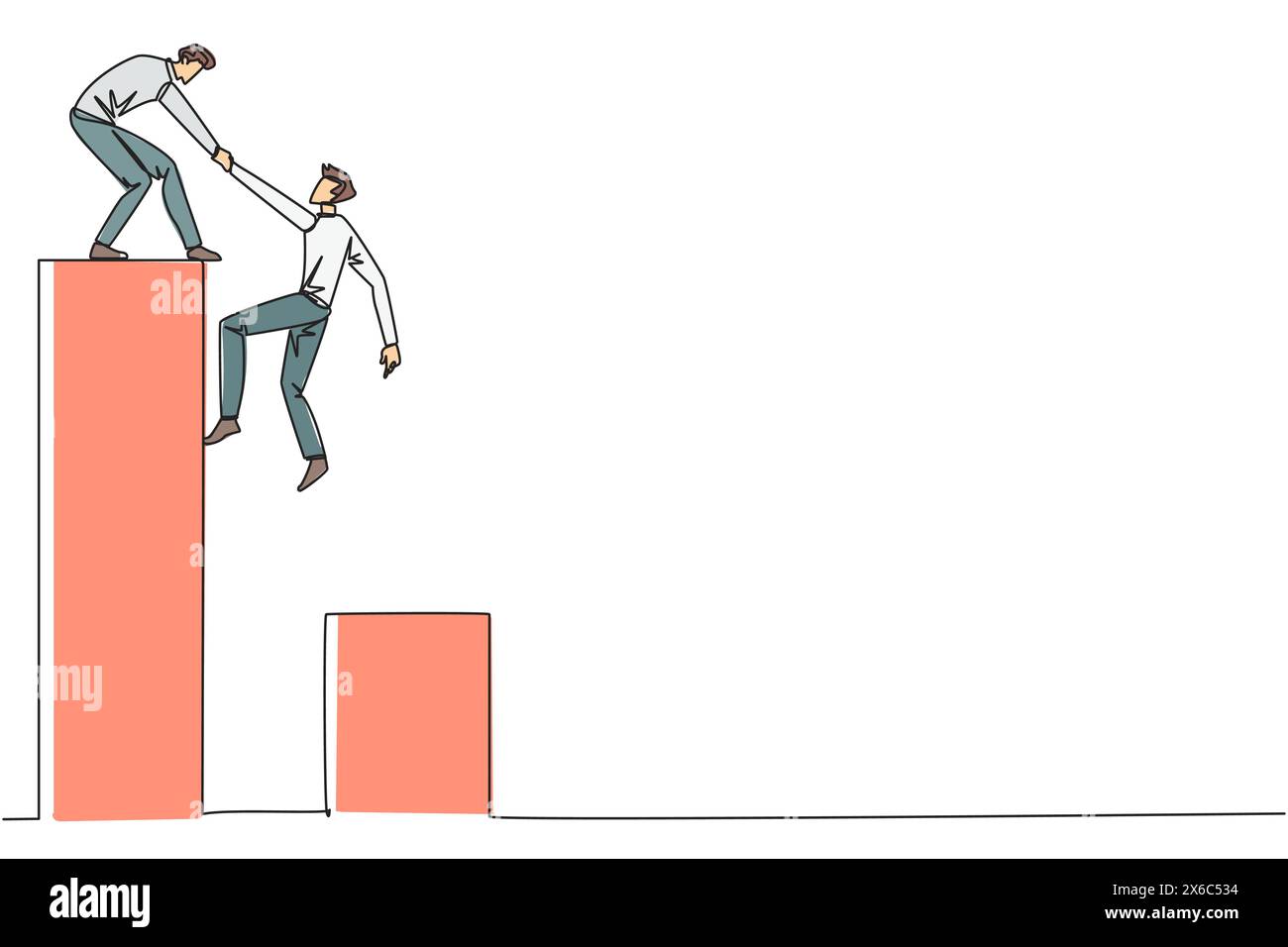 Continuous one line drawing businessman helps colleague climb bar graph ...