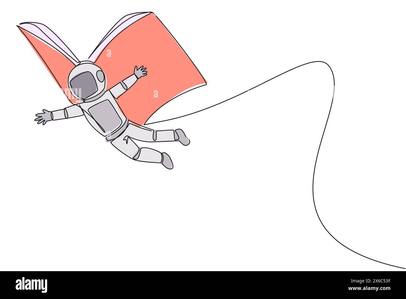 Single continuous line drawing young astronaut flying with wings that ...