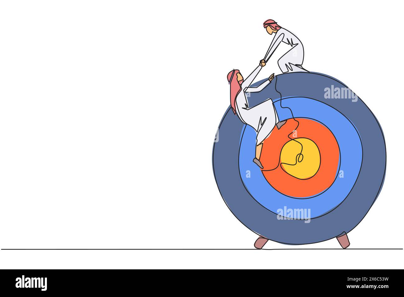 Continuous one line drawing Arabian businessman helps colleague climb ...