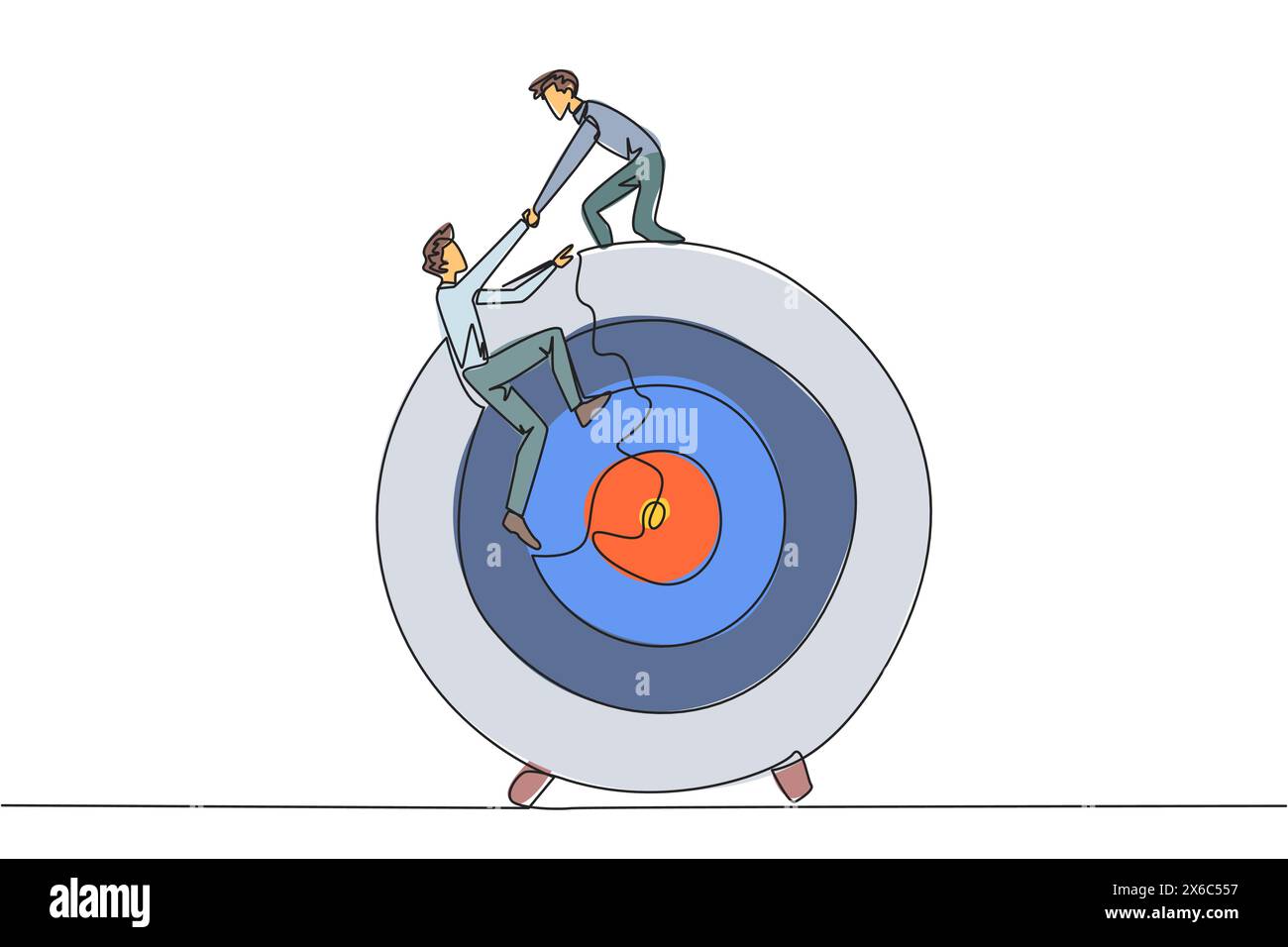 Continuous one line drawing businessman helps colleague climb arrow ...