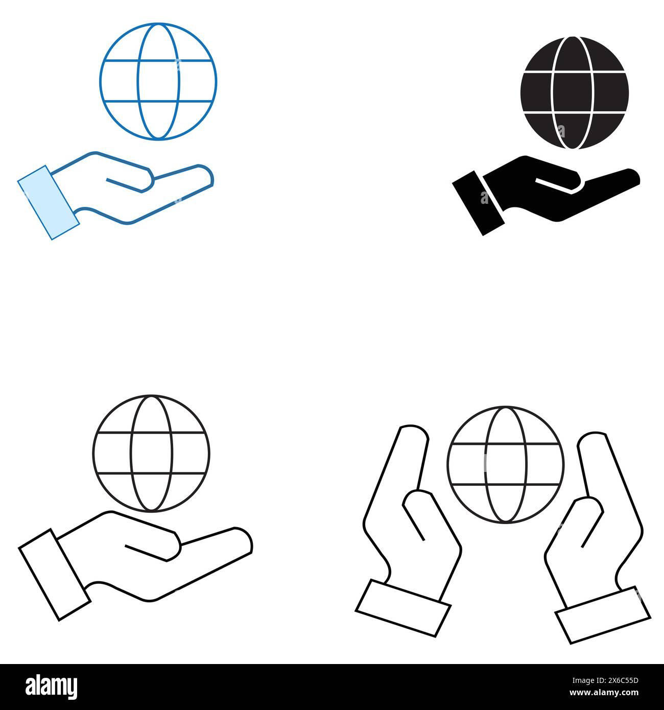 Set of hand holding globe earth with outline vector icons set ...