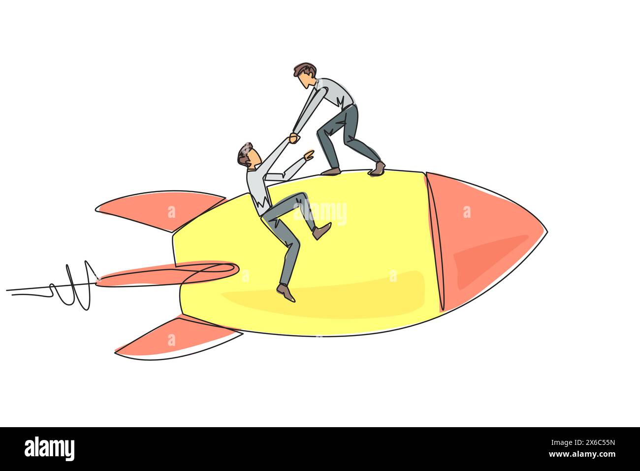 Single continuous line drawing businessman helps colleague climb flying ...