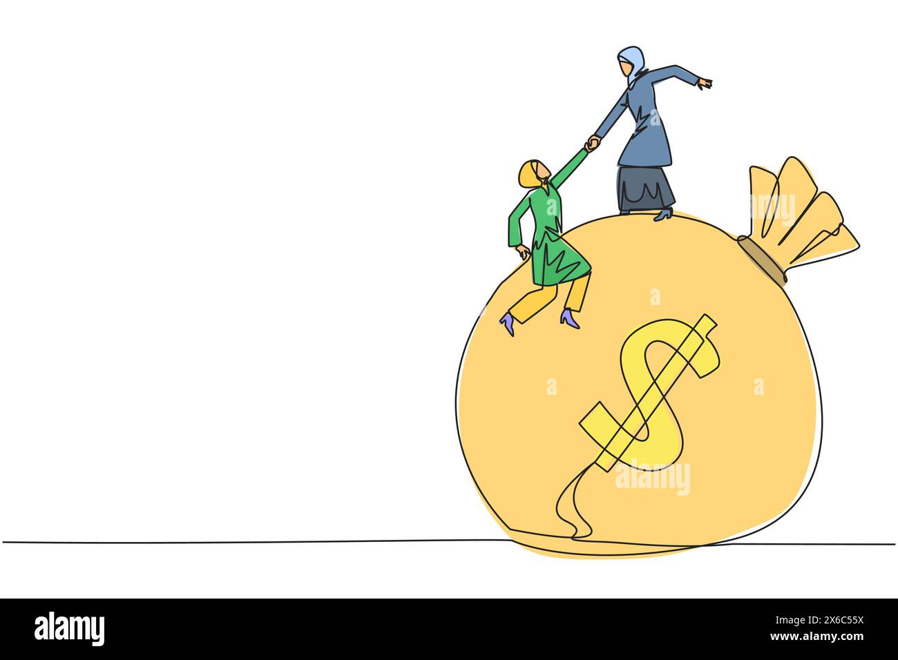Single one line drawing Arabian businesswoman helps colleague to climb ...