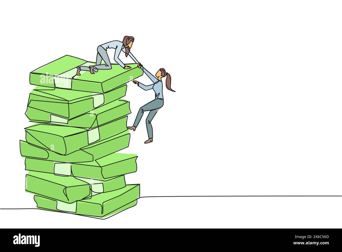 Continuous one line drawing businesswoman helps colleague climb large ...