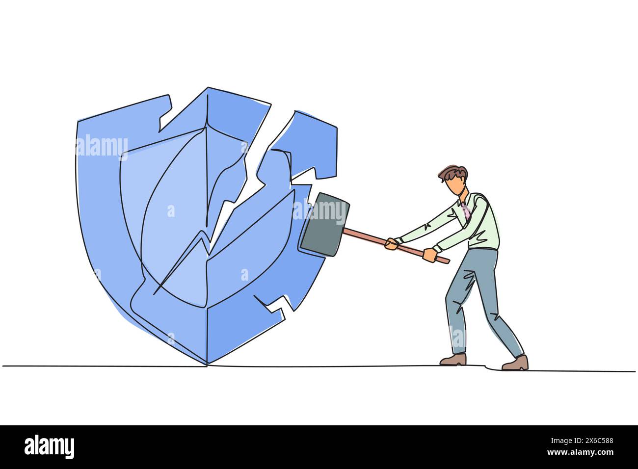 Continuous one line drawing businessman preparing to hit shield ...