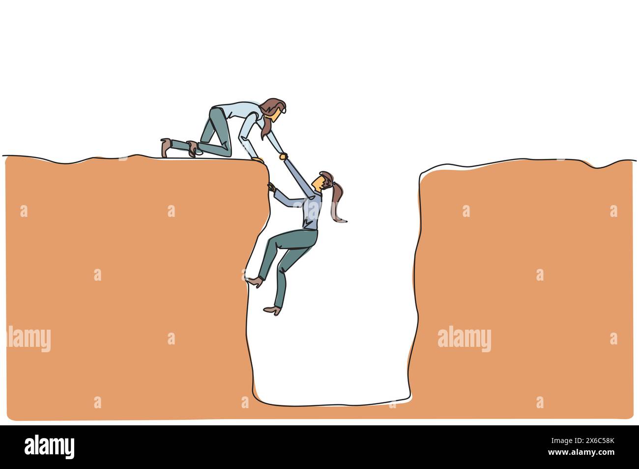 Single one line drawing businesswoman helps colleague climb a wide hole ...