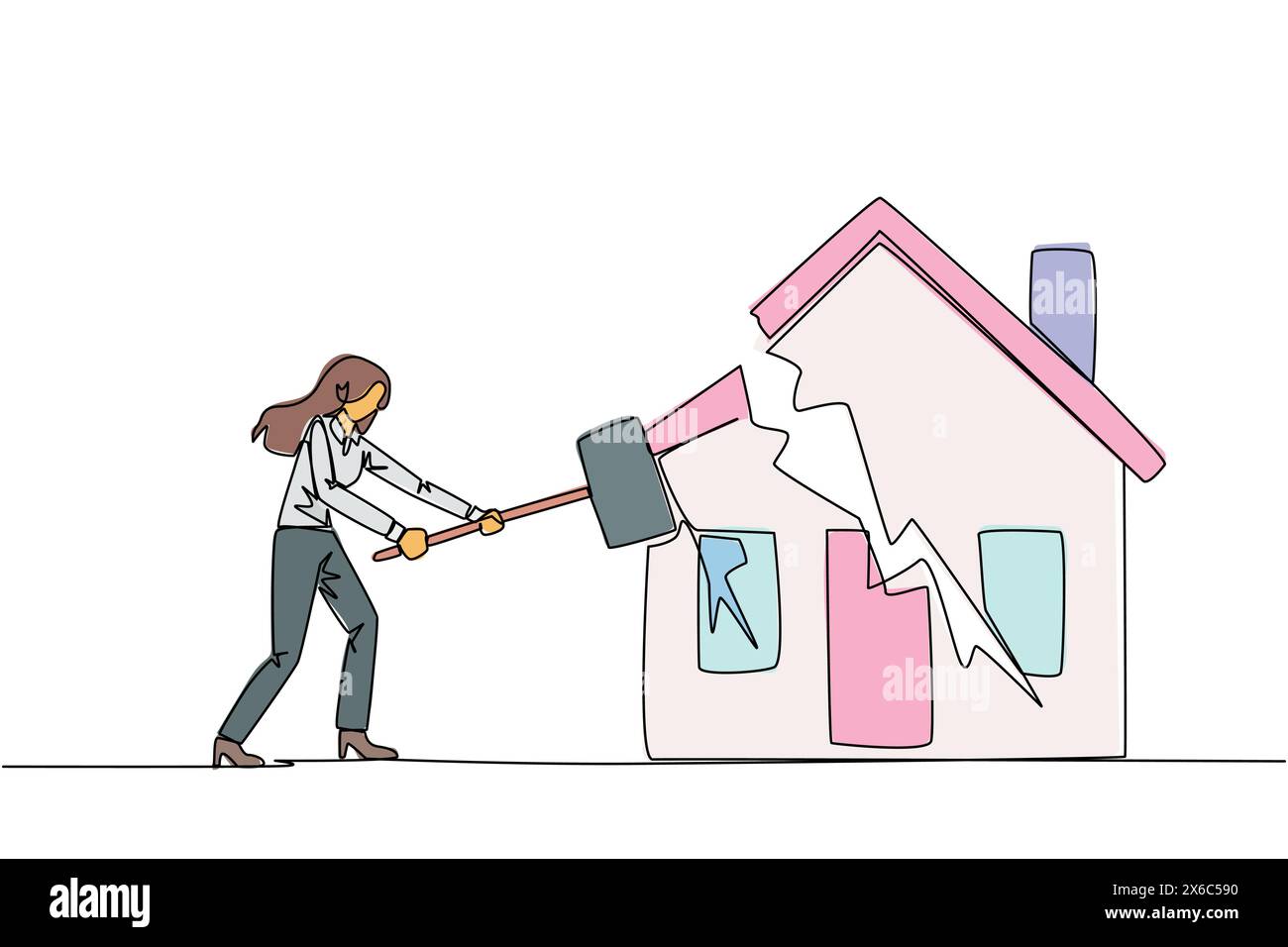 Single continuous line drawing businesswoman preparing to hit miniature ...