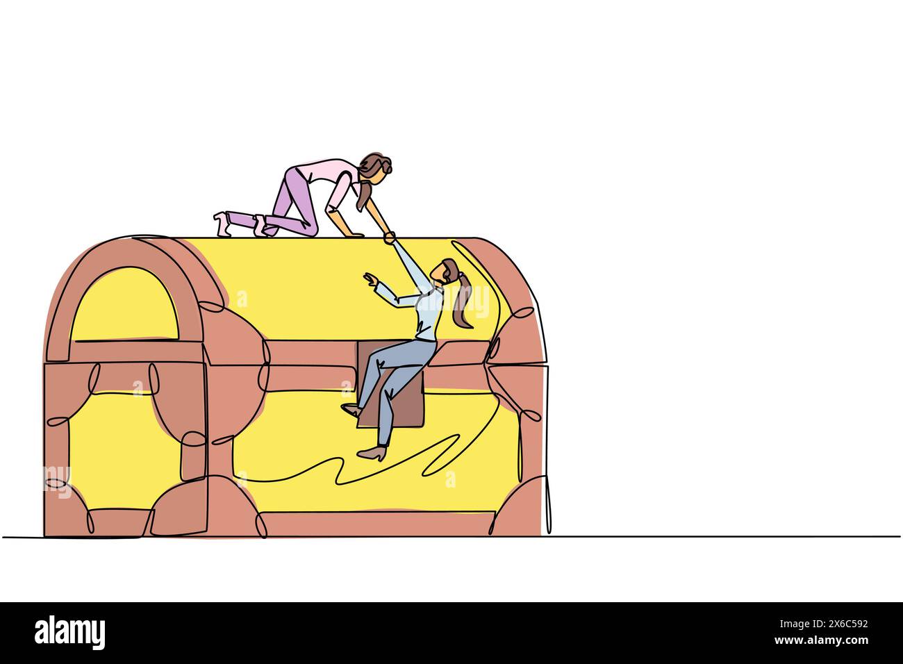 Single one line drawing businesswoman helps colleague climb a large ...