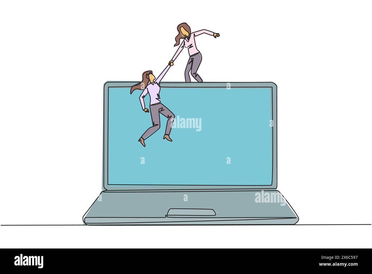Continuous one line drawing businesswoman helping colleague to climb a ... Continuous one line drawing businesswoman helping colleague to climb a ...