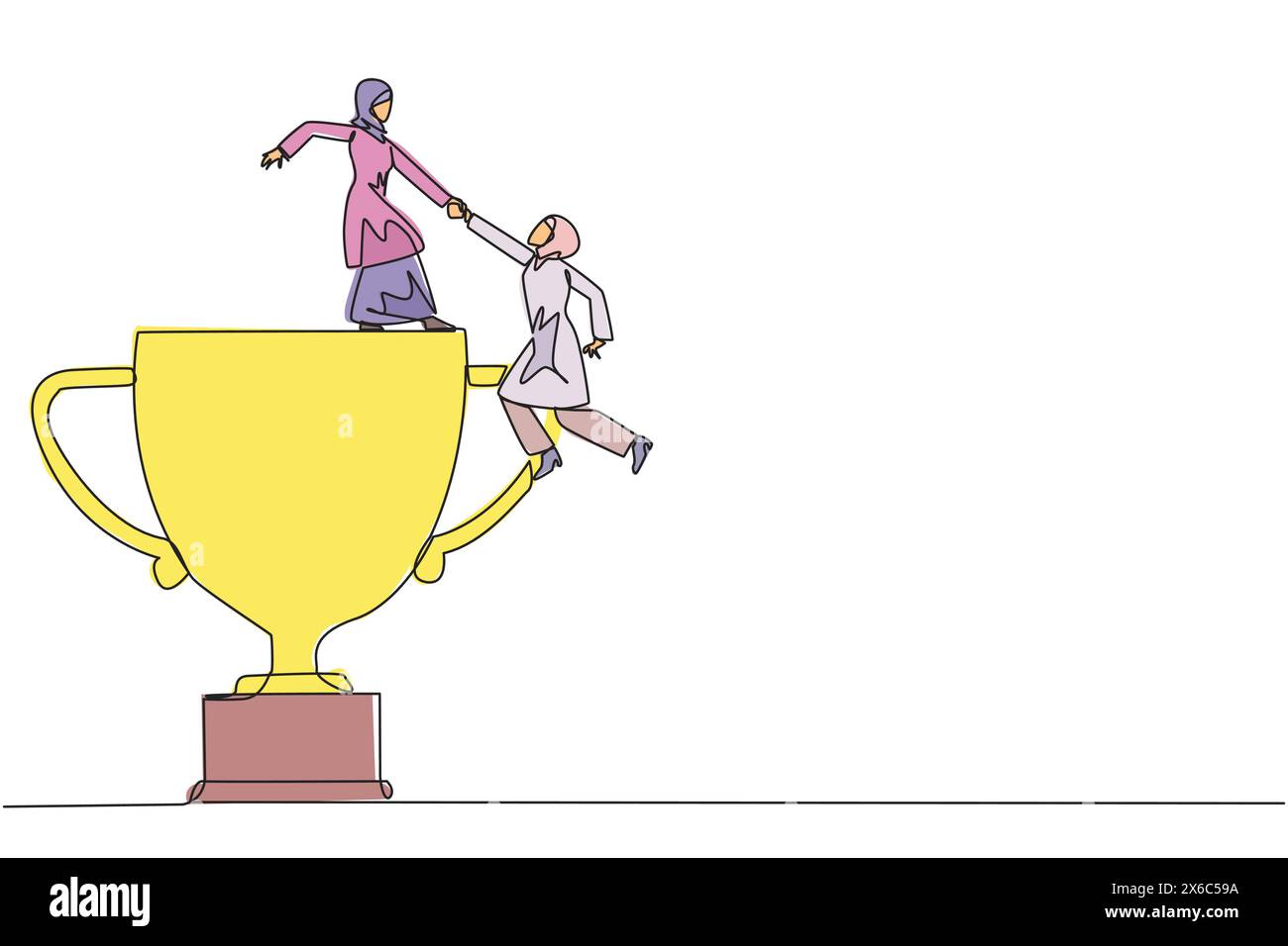 Single one line drawing Arabian businesswoman helps colleague climb big ...