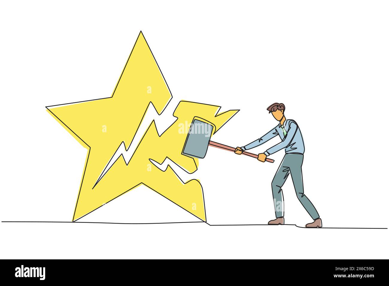 Single continuous line drawing businessman preparing to hit big star ...