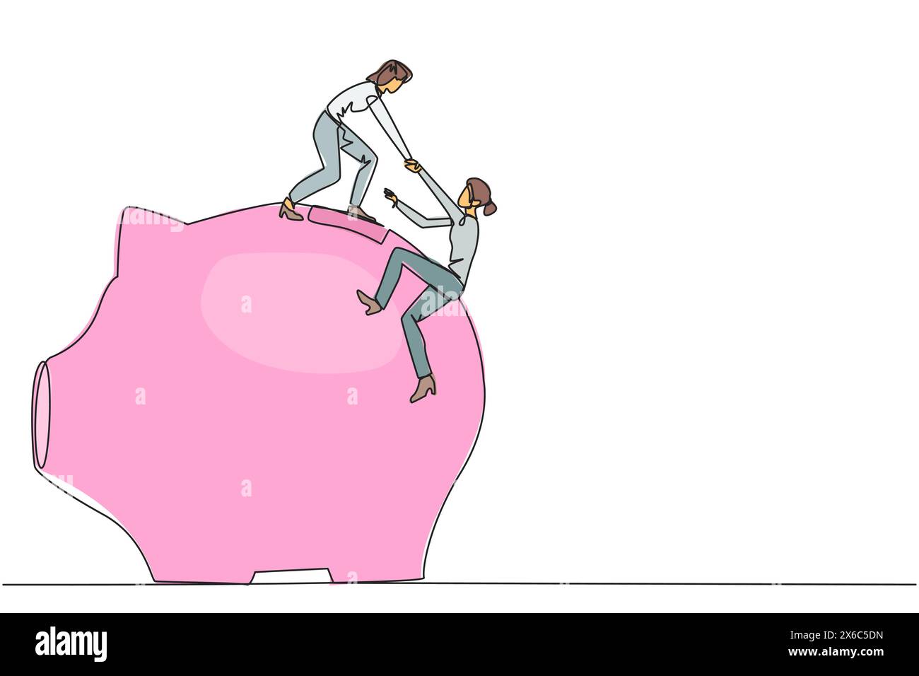 Single continuous line drawing businesswoman helps colleague climb big ...