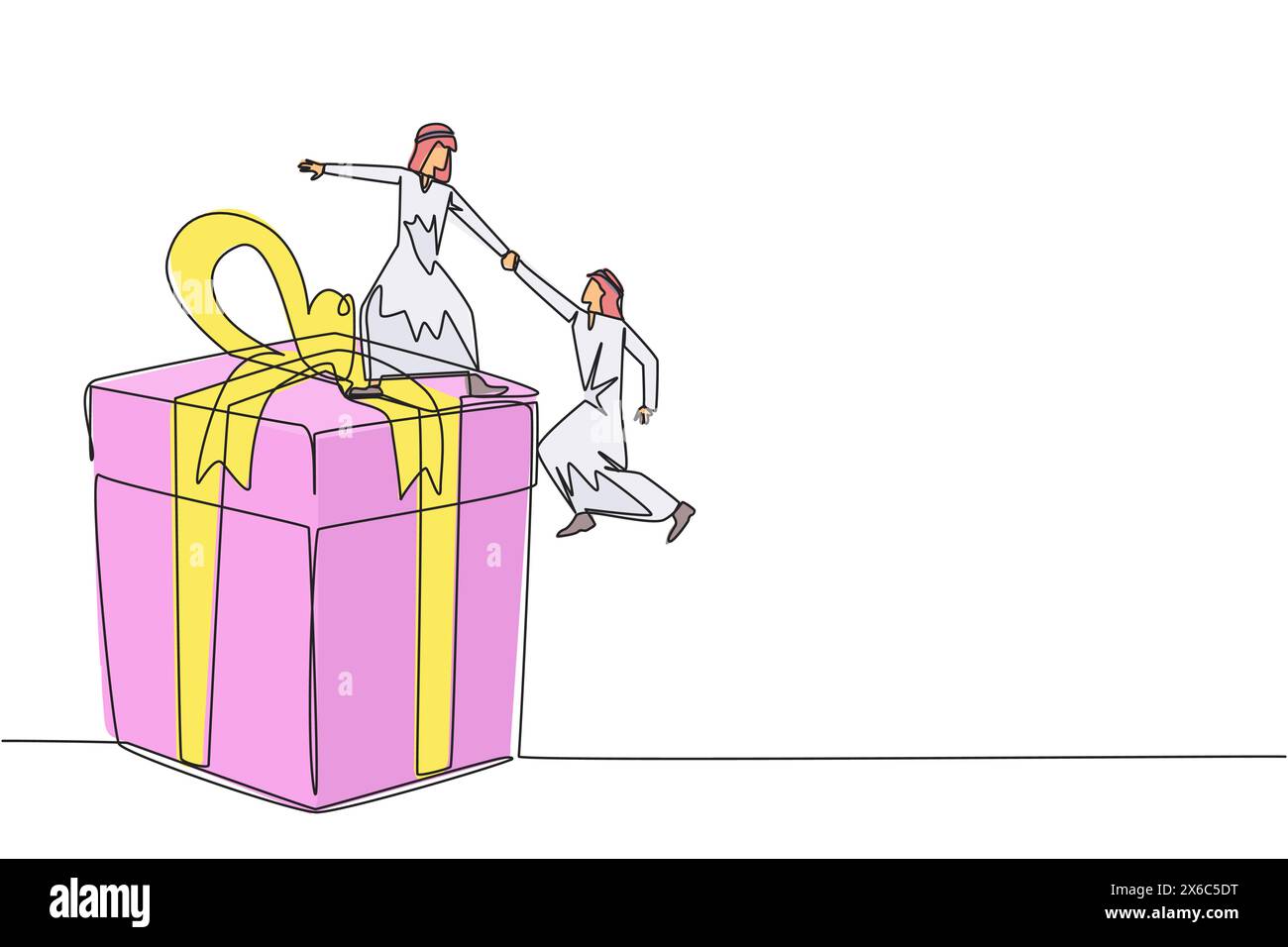Single continuous line drawing Arab businessman helps colleague climb ...