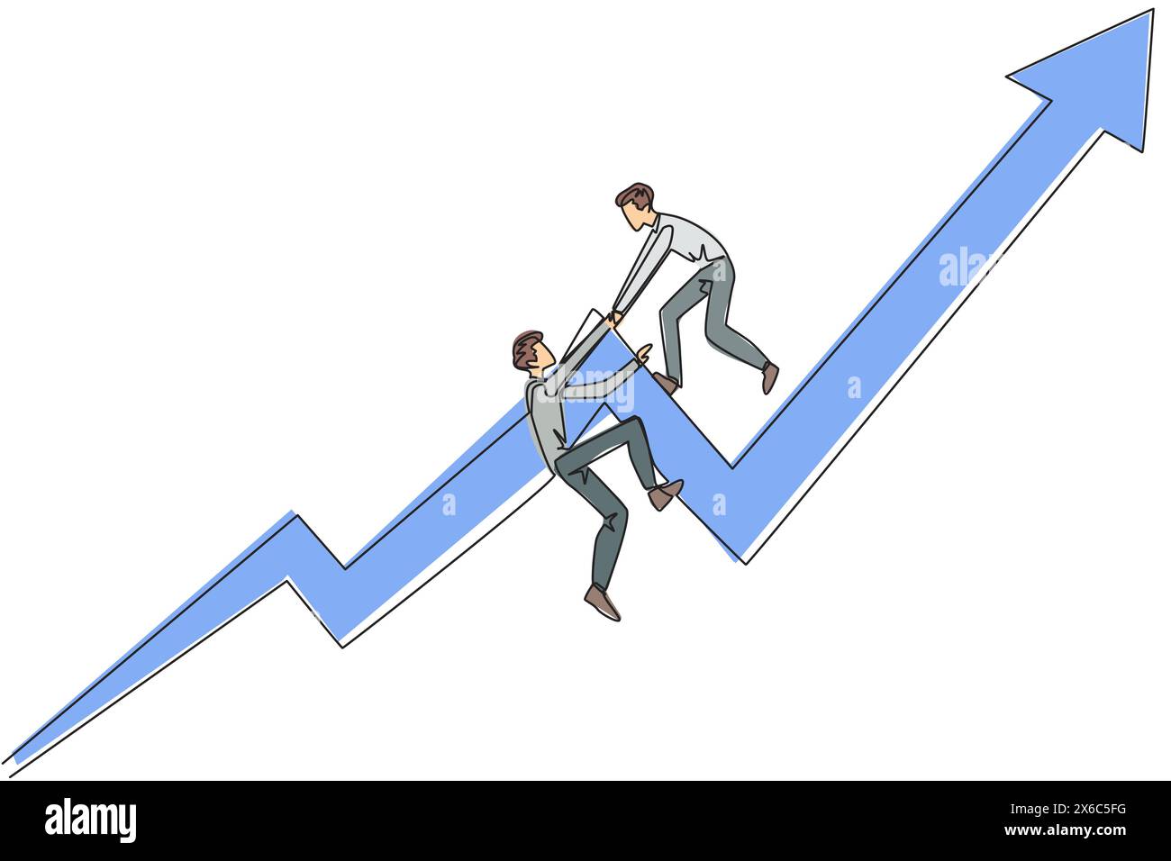 Continuous one line drawing businessman helps colleague to climb the ...